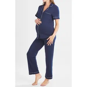 ANGEL MATERNITY Maternity And Nursing Button Front Pajama Set - Navy