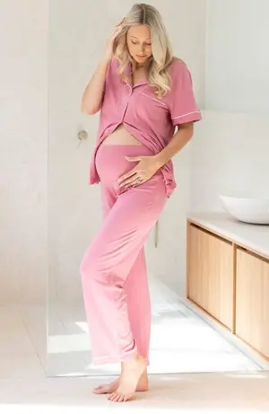 ANGEL MATERNITY Maternity And Nursing Button Front Pajama Set - Pink
