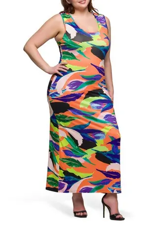 24SEVEN COMFORT APPAREL Print Racerback Sleeveless Maxi Dress