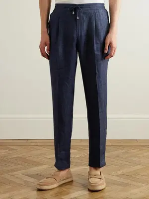 DE PETRILLO Straight-leg Pleated Linen Drawstring Trousers