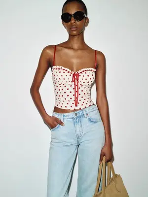 REFORMATION Andrea Polka Dot Sweetheart Neckline Top