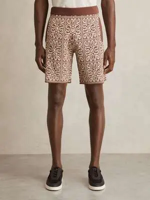 REISS Redhill Tile Pattern Knit Shorts - Brown/white