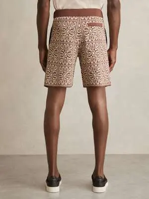REISS Redhill Tile Pattern Knit Shorts - Brown/white