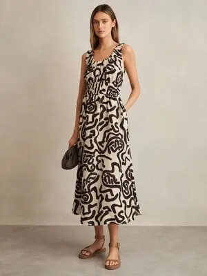 REISS Akari Linen-blend Printed Midi Dress