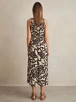 REISS Akari Linen-blend Printed Midi Dress