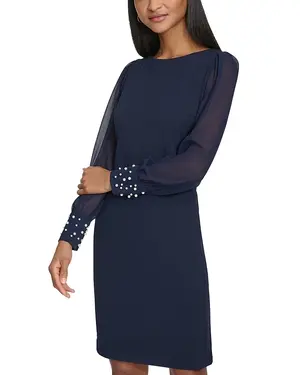 Karl Lagerfeld Paris Scuba Crepe Sheath Dress With Chiffon Sleeves - Navy
