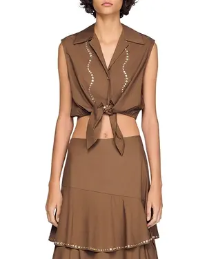 Sandro Rhinestone Cropped Shirt - Brown