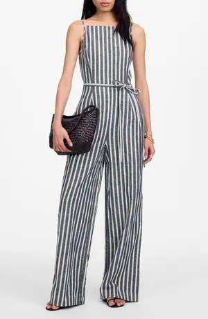 Madewell Pinstripe Pleated Wide-leg Jumpsuit - Navy White Stripe