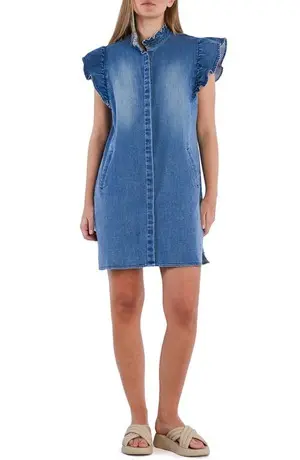 WASH LAB DENIM Ruffle Denim Mini Dress