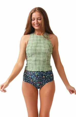 LIME RICKI SWIMWEAR Racerback Tankini Top - Fern Gingham