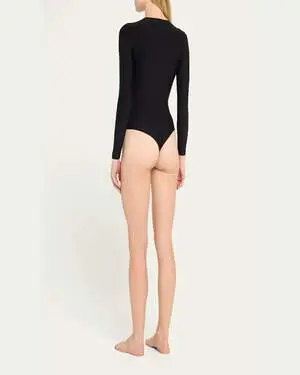 Commando Butter Long-sleeve Crewneck Thong Bodysuit - Black