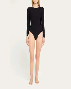 Commando Butter Long-sleeve Crewneck Thong Bodysuit - Black
