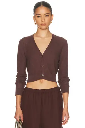 Enza Costa Linen Blend Cropped Cardigan - Chocolate