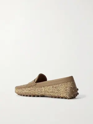TOD'S Leather-trimmed Raffia Loafers - Neutrals