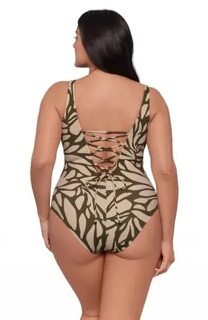 S3 APPAREL Square Neck Lace-up Back One Piece Swimsuit - Modern Foliage Eucalyptus