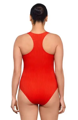 S3 APPAREL Ribbed High-neck Snap-front One-piece Swimsuit - Scarlet