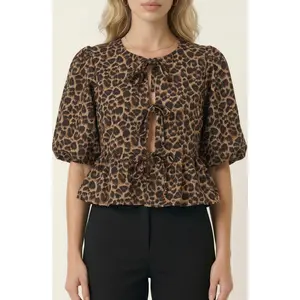 MODENAIRE Peplum Top With Tie Closures And Puff Sleeves