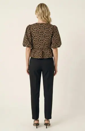 MODENAIRE Peplum Top With Tie Closures And Puff Sleeves