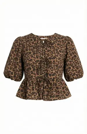 MODENAIRE Peplum Top With Tie Closures And Puff Sleeves