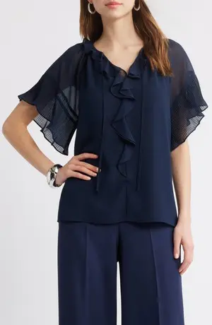 Kobi Halperin Ruffle Flutter Sleeve Chiffon Top - Navy