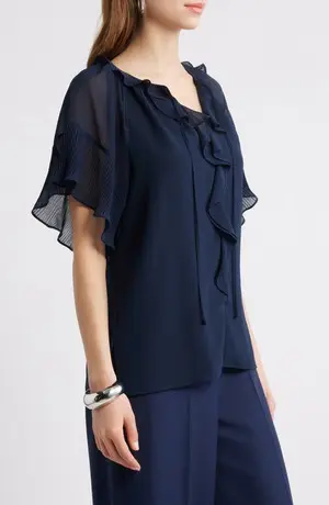 Kobi Halperin Ruffle Flutter Sleeve Chiffon Top - Navy