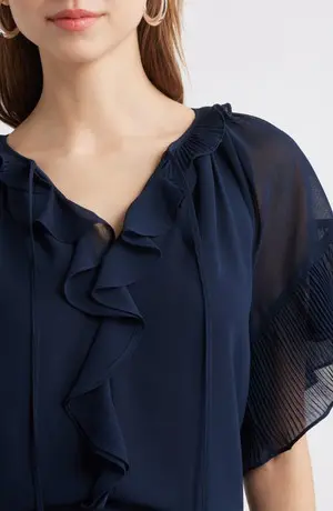 Kobi Halperin Ruffle Flutter Sleeve Chiffon Top - Navy