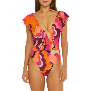 Trina Turk Fan Faire Ruffle One-piece Swimsuit - Orange Multi