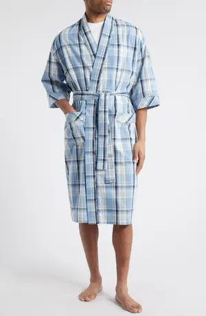 Majestic International Plaid Cotton Oxford Cloth Robe - Chambray