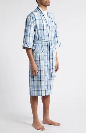 Majestic International Plaid Cotton Oxford Cloth Robe - Chambray