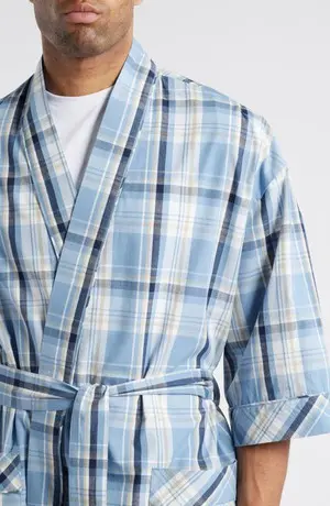 Majestic International Plaid Cotton Oxford Cloth Robe - Chambray