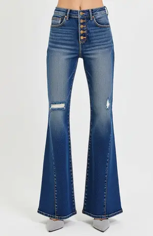 MODENAIRE High Rise Flare Jeans With Button Fly And Distressed Detail - Deep Indigo