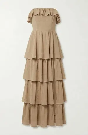 MODENAIRE Strapless Tiered Ruffle Maxi Dress - Beige