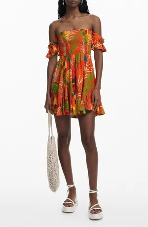 Desigual Tropical Print Off The Shoulder Cover-up Minidress - Orange