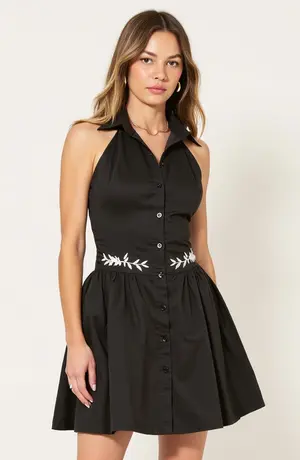 MODENAIRE Embroidered Waist Halter Mini Dress - Black