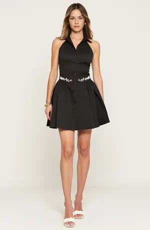 MODENAIRE Embroidered Waist Halter Mini Dress - Black