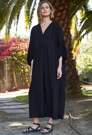 OCEAN+MAIN Rouched Shoulder Maxi Caftan - Black