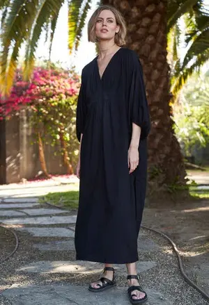 OCEAN+MAIN Rouched Shoulder Maxi Caftan - Black