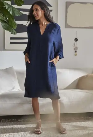 OCEAN+MAIN Short Gauze Tunic Dress With Pockets - Navy