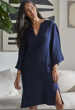 OCEAN+MAIN Short Gauze Tunic Dress With Pockets - Navy
