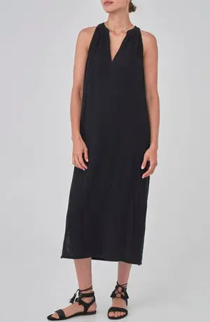 OCEAN+MAIN Sleeveless Gauze Midi Dress With Pockets - Black