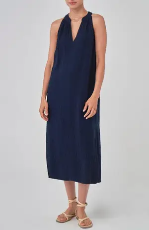 OCEAN+MAIN Sleeveless Gauze Midi Dress With Pockets - Navy