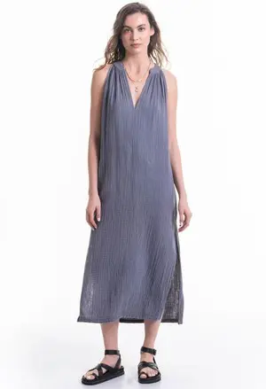 OCEAN+MAIN Sleeveless Gauze Midi Dress With Pockets - Petrol