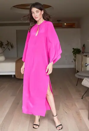 OCEAN+MAIN Wide Sleeve Silk Tunic Dress - Fuchsia