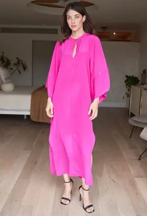 OCEAN+MAIN Wide Sleeve Silk Tunic Dress - Fuchsia