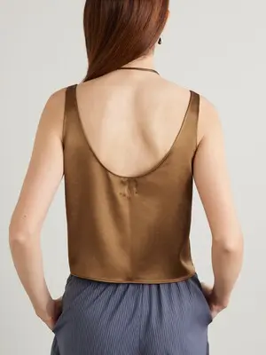 LESET Barb Scoop Cropped Washed-satin Tank - Brown