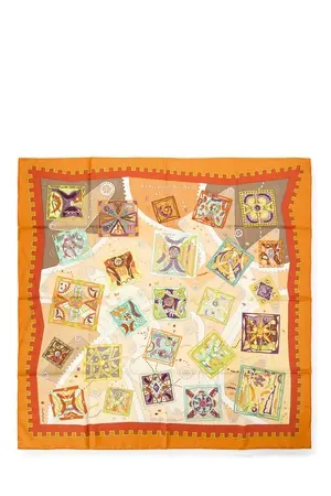 Hermès Multicolor 'la Mecanique Des Idees' Silk Scarf 90 - Orange