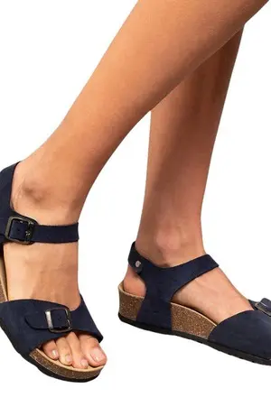 CELTIC & CO. Low Wedge Double Buckle Sandal - Dark Navy