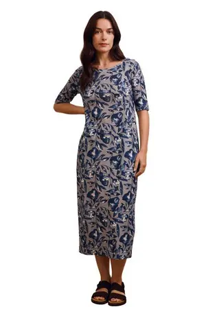 CELTIC & CO. Linen Cotton Blend Button Back Dress - Mid Blue Leaf
