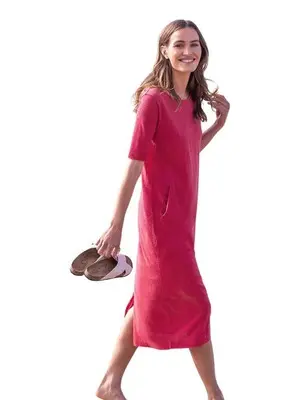 CELTIC & CO. Linen Cotton Blend Button Back Dress - Raspberry