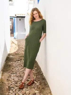 CELTIC & CO. Linen Blend Button Back Midi Dress - Khaki